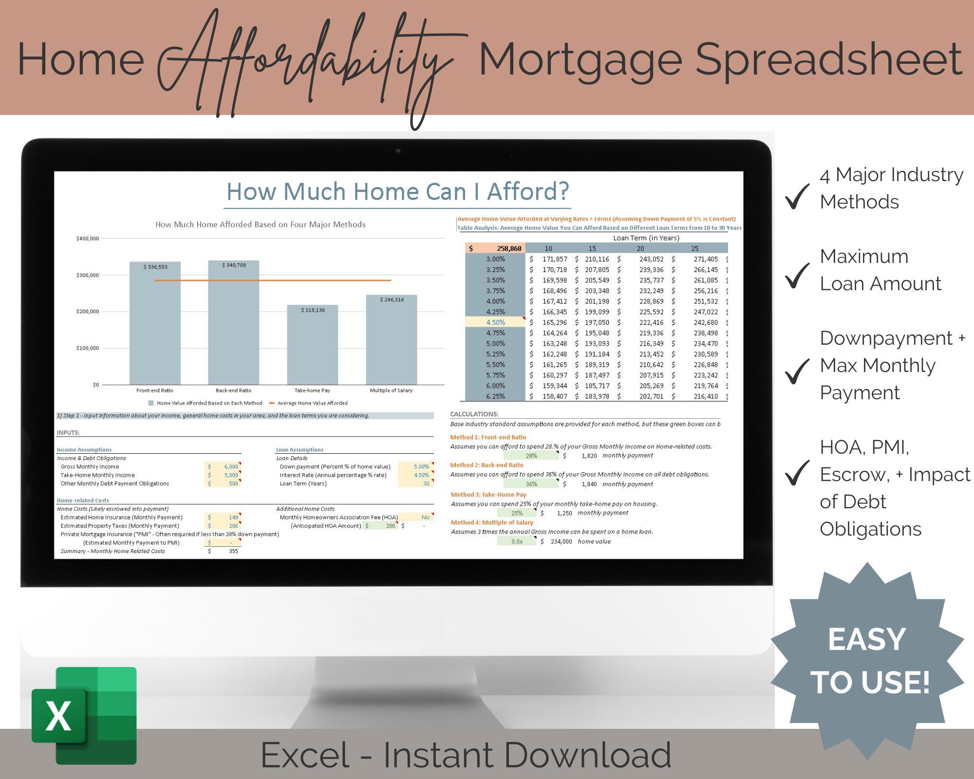 Mortgage Affordability Excel Spreadsheet, Payment Calculator, Key ...