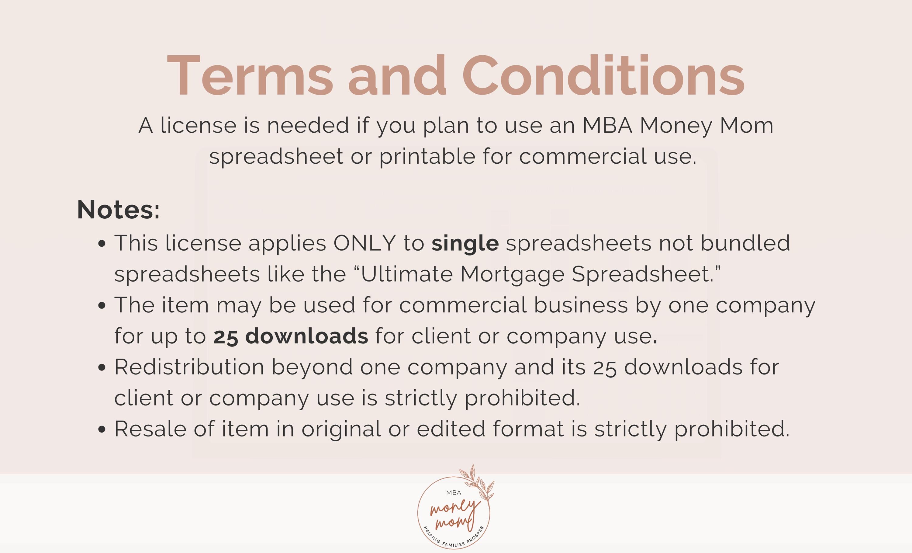 Basic Commercial License for Loan and Mortgage Spreadsheet or Printable ...