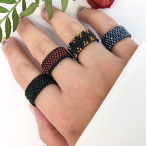 Bead Elastic Ring, Beaded Ring, Miyuki Bead, Seed Bead Ring, Black Ring ...