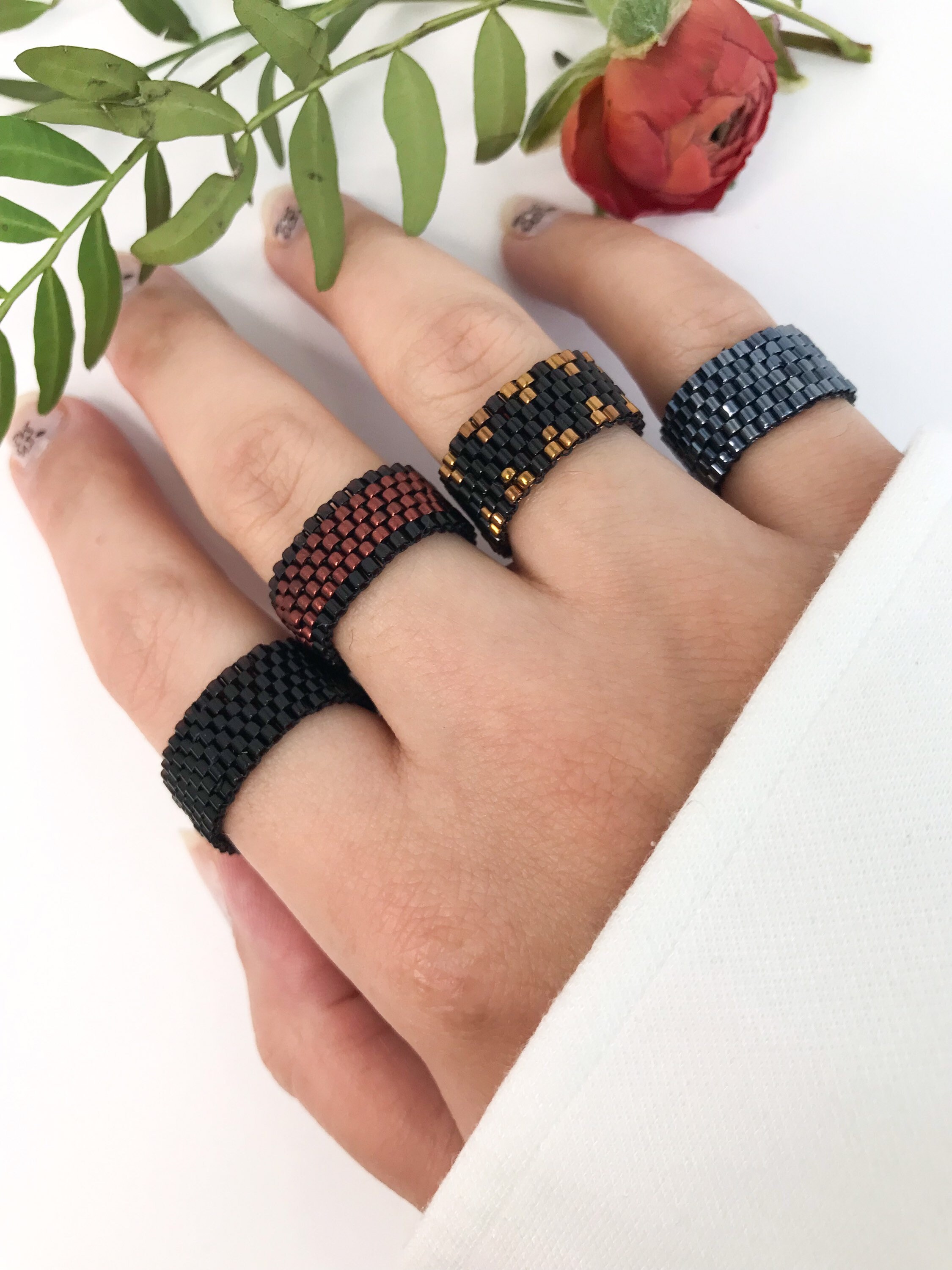 Bead Elastic Ring, Beaded Ring, Miyuki Bead, Seed Bead Ring, Black Ring ...