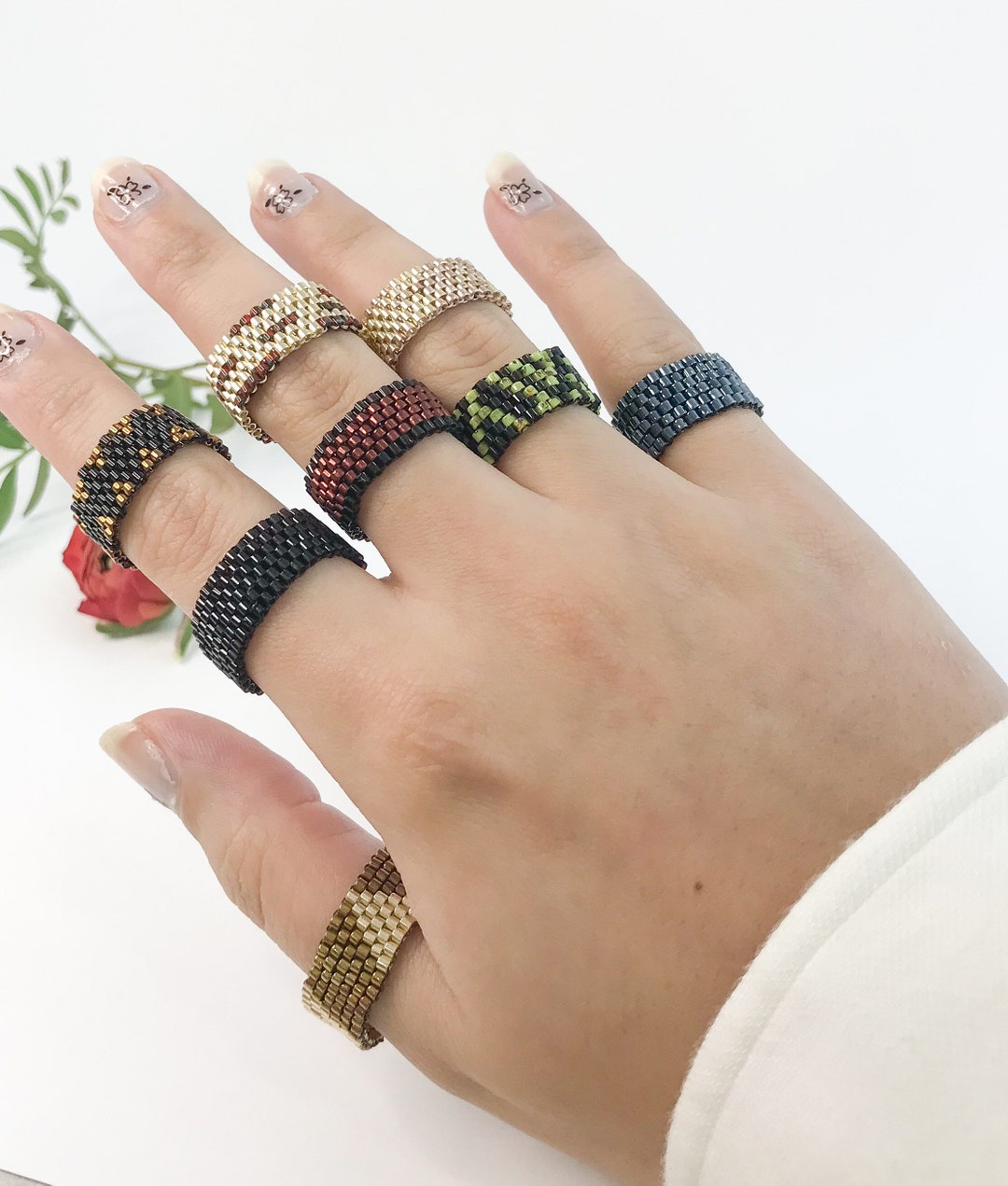 Bead Elastic Ring, Beaded Ring, Miyuki Bead, Seed Bead Ring, Black Ring ...