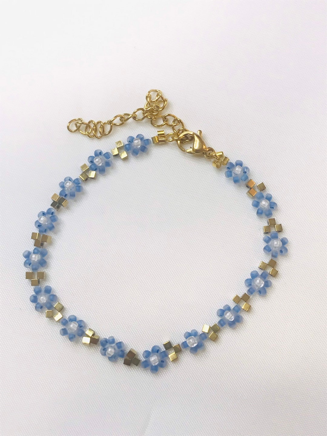 Sky Blue Flower Bracelet, Bead Bracelet, Handmade Jewelry, Daisy Flower ...
