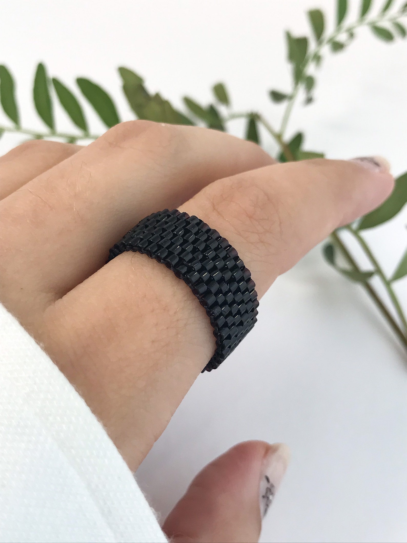 Bead Elastic Ring, Beaded Ring, Miyuki Bead, Seed Bead Ring, Black Ring ...