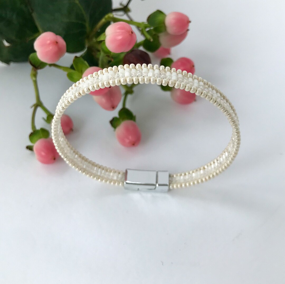 Beaded Bangle Bracelets, White Braide Beaded Wedding Bracelet, Loom ...