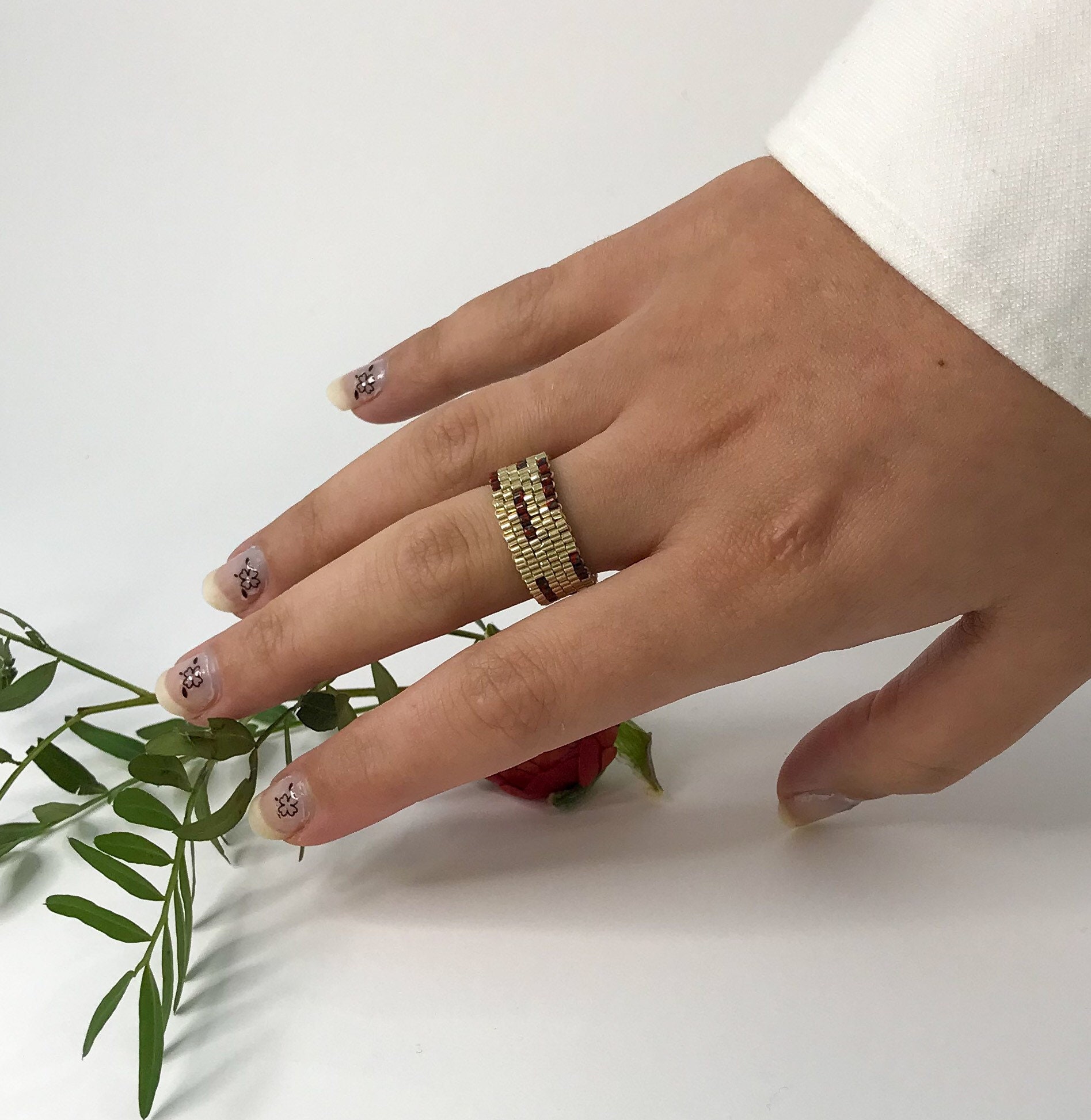 Bead Elastic Ring, Beaded Ring, Miyuki Bead, Seed Bead Ring, Black Ring ...