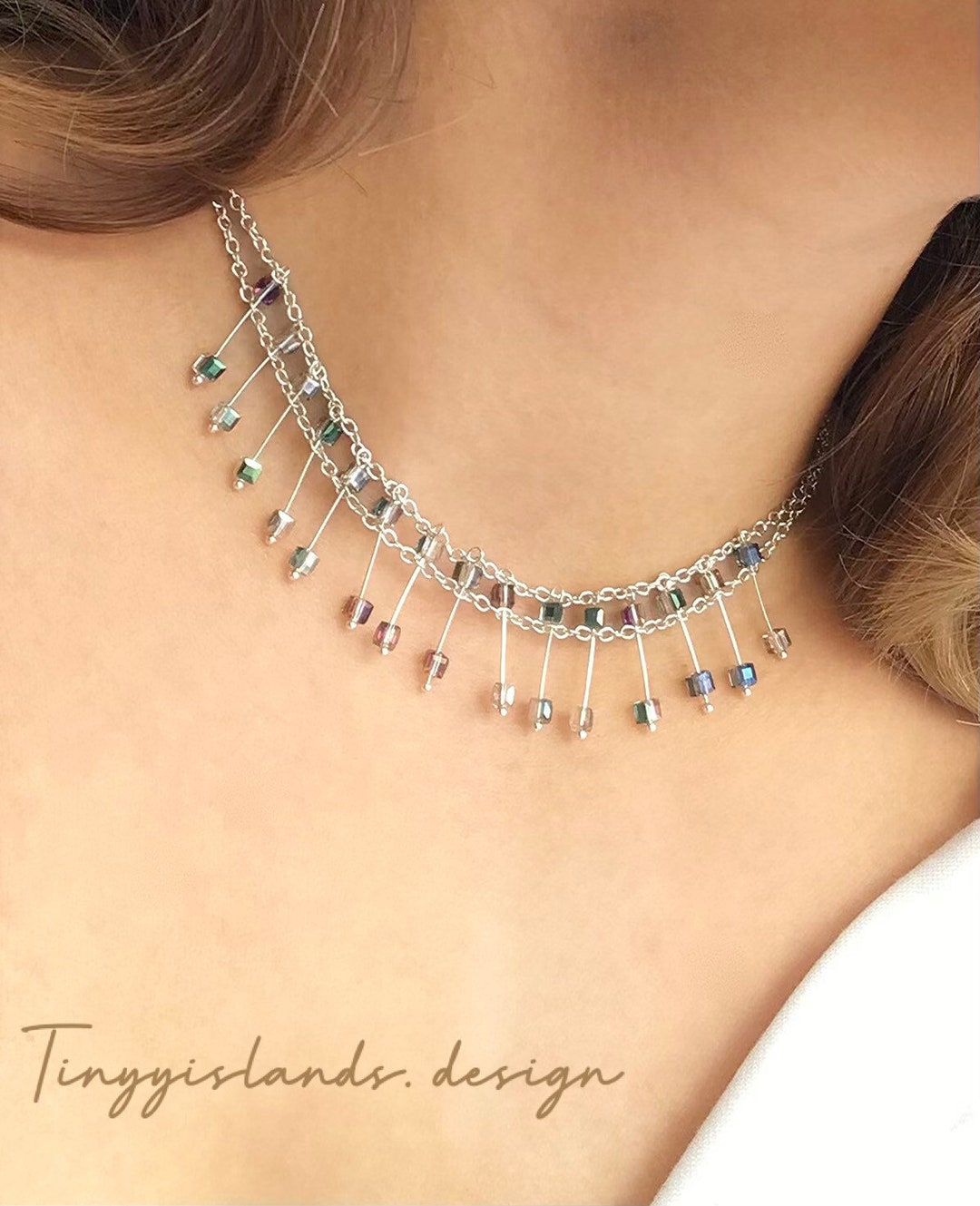 Cubic Crystal Bead Double Chain Necklace, Double Chain Crystal Choker ...