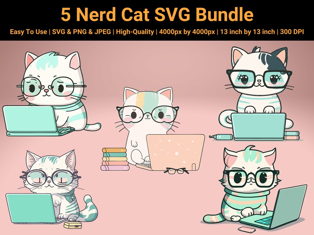 5 Nerd Cat SVG Clipart Cut Files Bundle 2 Geek Cat Svg - Etsy Portugal
