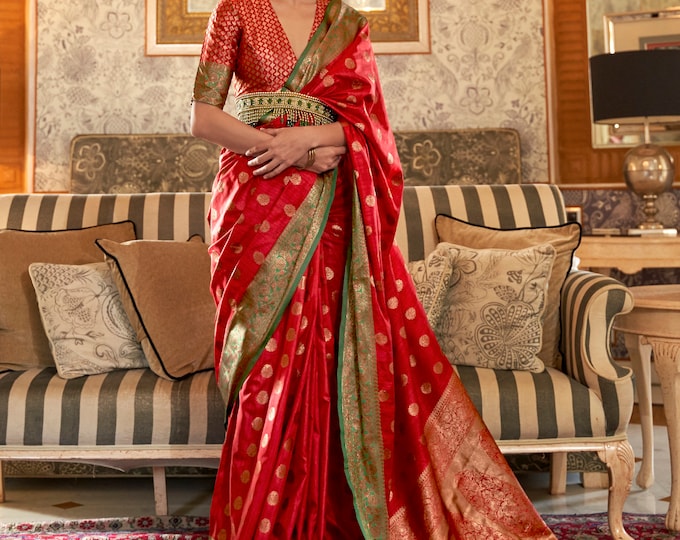 Milano Red Festive Wear Woven Handloom Silk Saree With Brocade Blouse ...