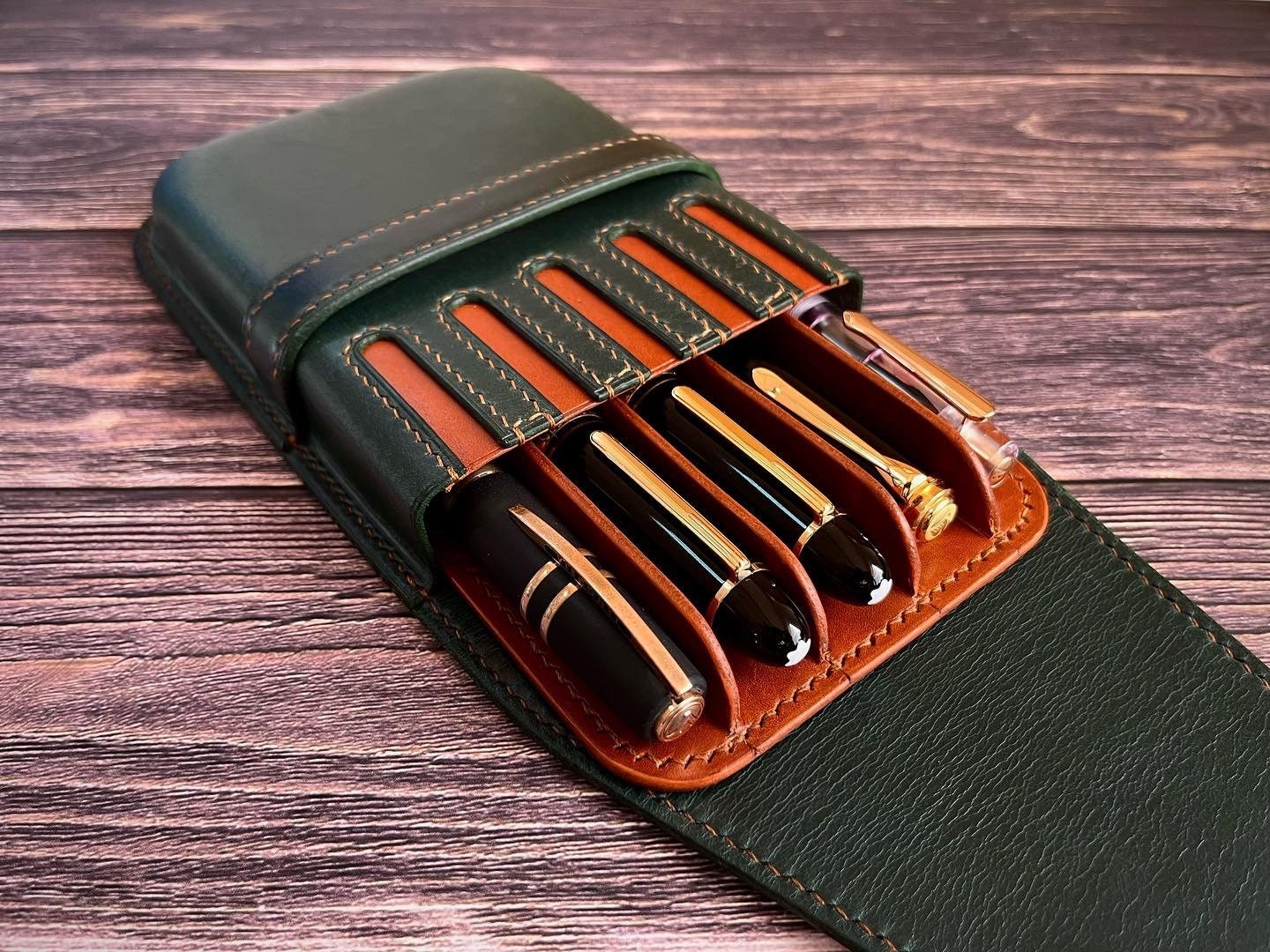 Green Forest 5 Pen Case, Leather Pen Case, Leather Fountain Pen Case ...