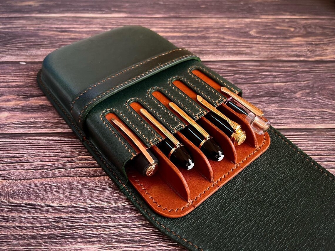 Green Forest 5 Pen Case Leather Pen Case Leather Fountain - Etsy