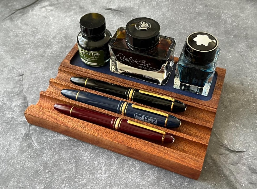 Blue Leather Wooden Pen Stand, Wood Pen Tray, Desktop Organizer, Wood ...