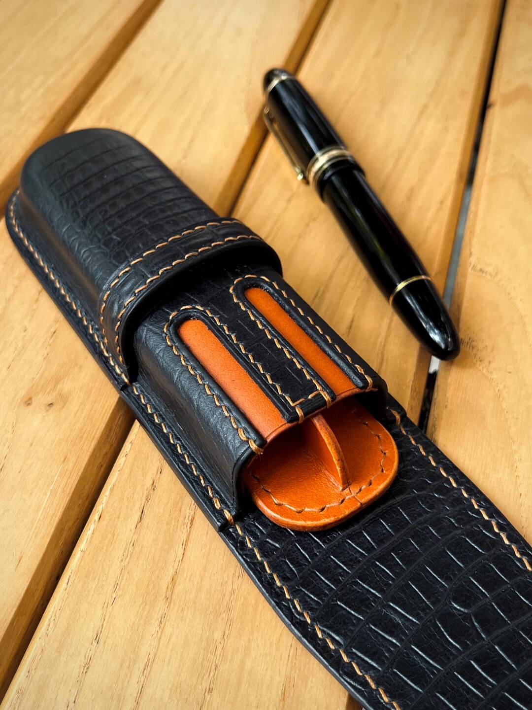 Croco Black Amber 2 Pen Case, Leather Two Pen Case, Luxury Pen Case, - Etsy
