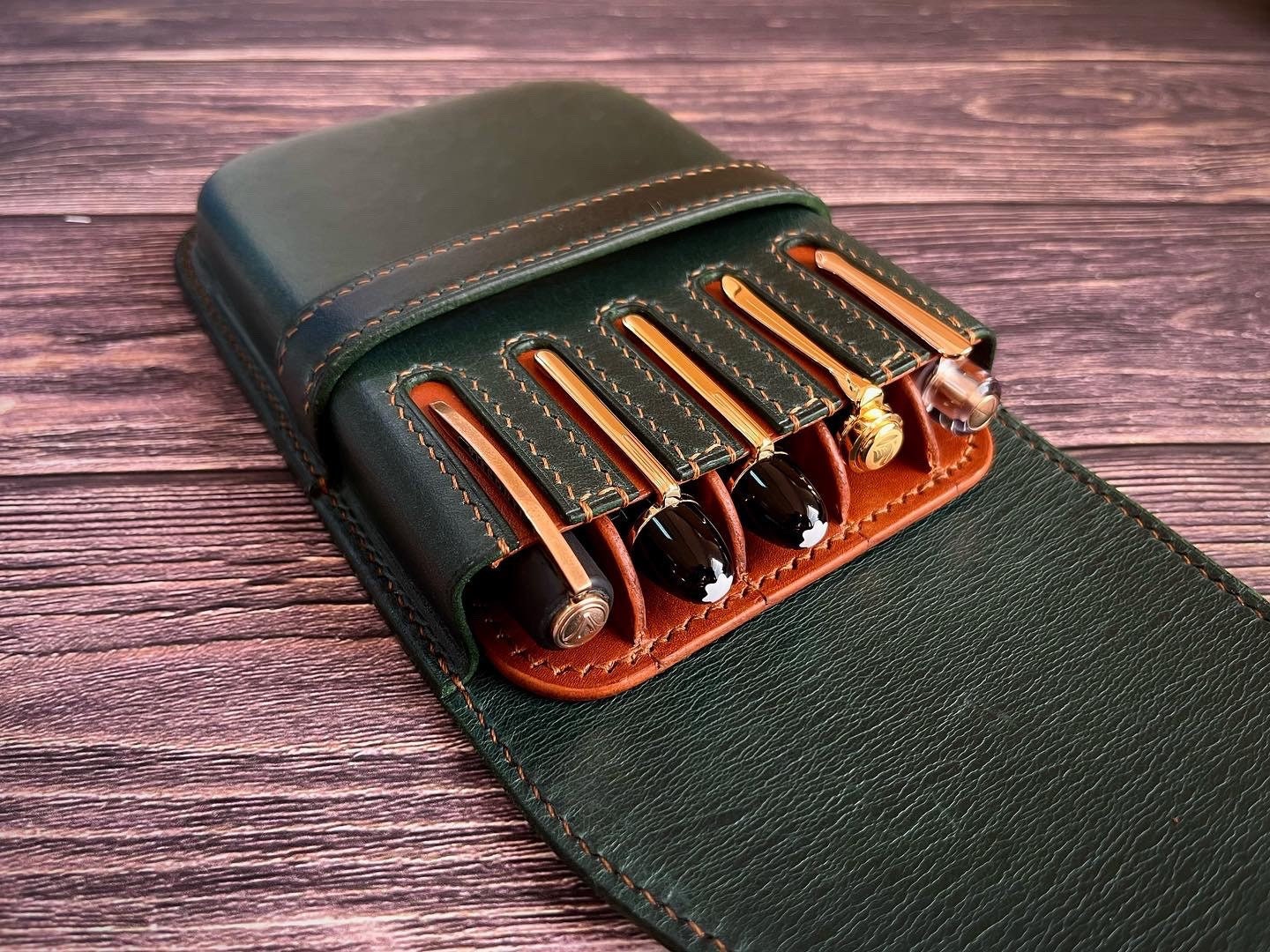 Green Forest 5 Pen Case, Leather Pen Case, Leather Fountain Pen Case ...