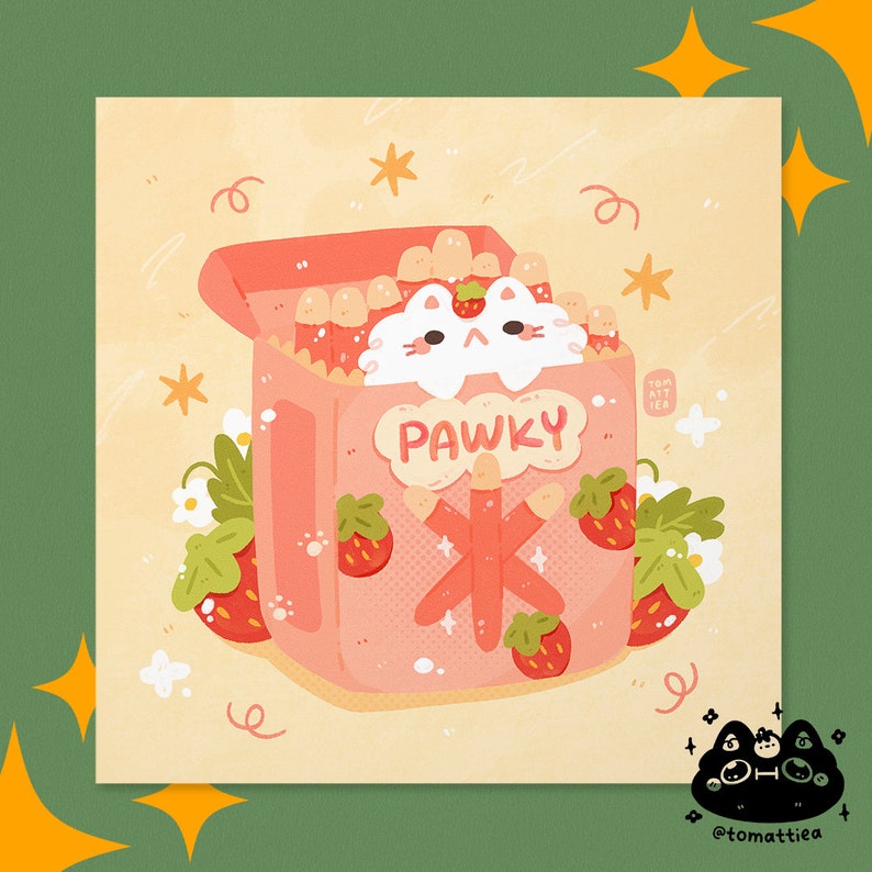 Cute Pink Strawberry Pawky Japanese Snacks Art Print / Square Art Print ...
