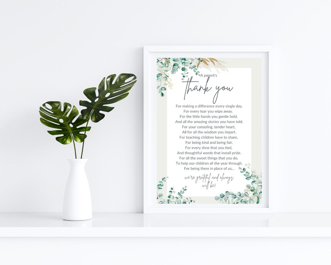 A Parents Thank You Printable Poem Nursery Teachers Teaching Wall Art ...