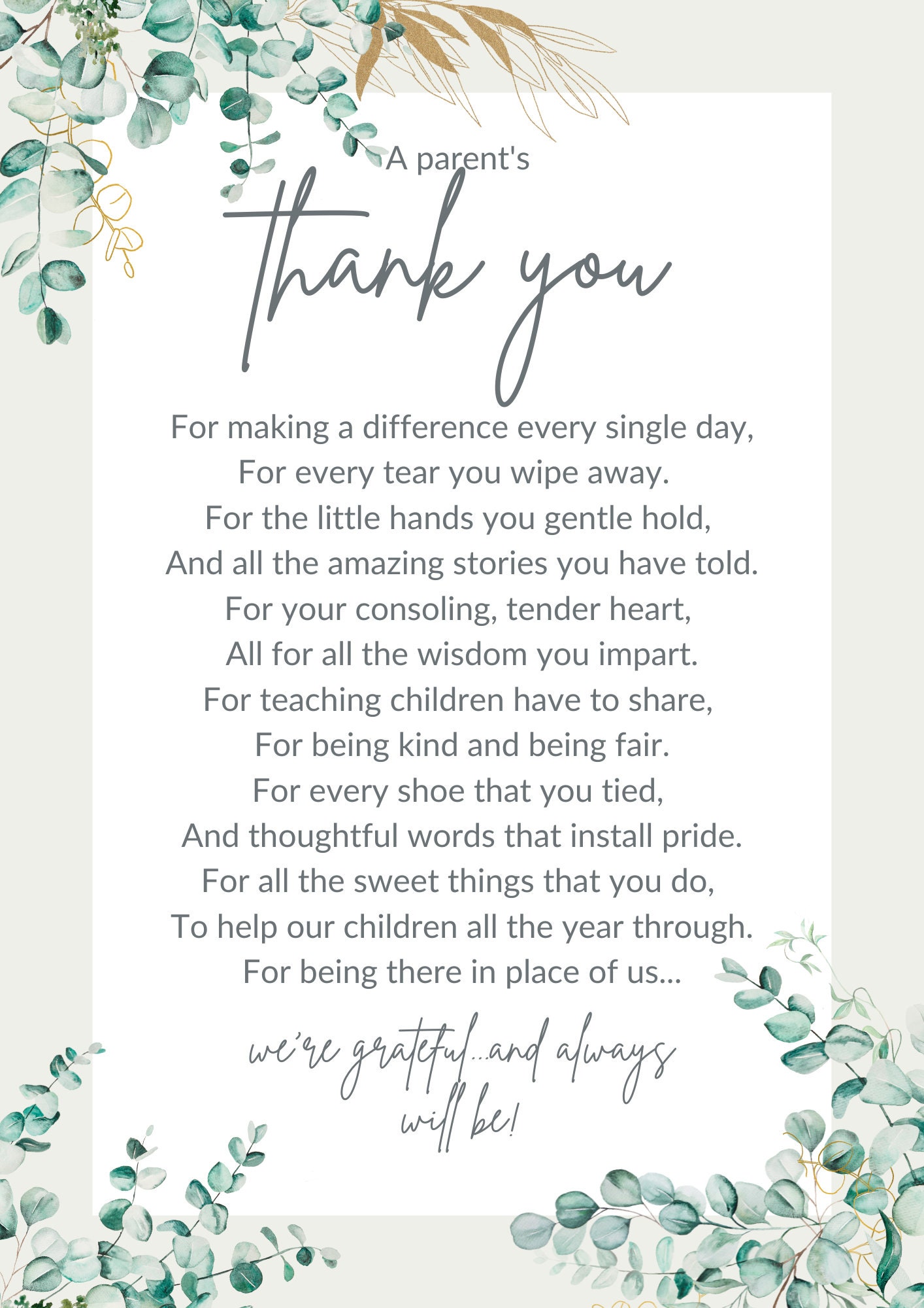A Parents Thank You Printable Poem Nursery Teachers Teaching Wall Art ...