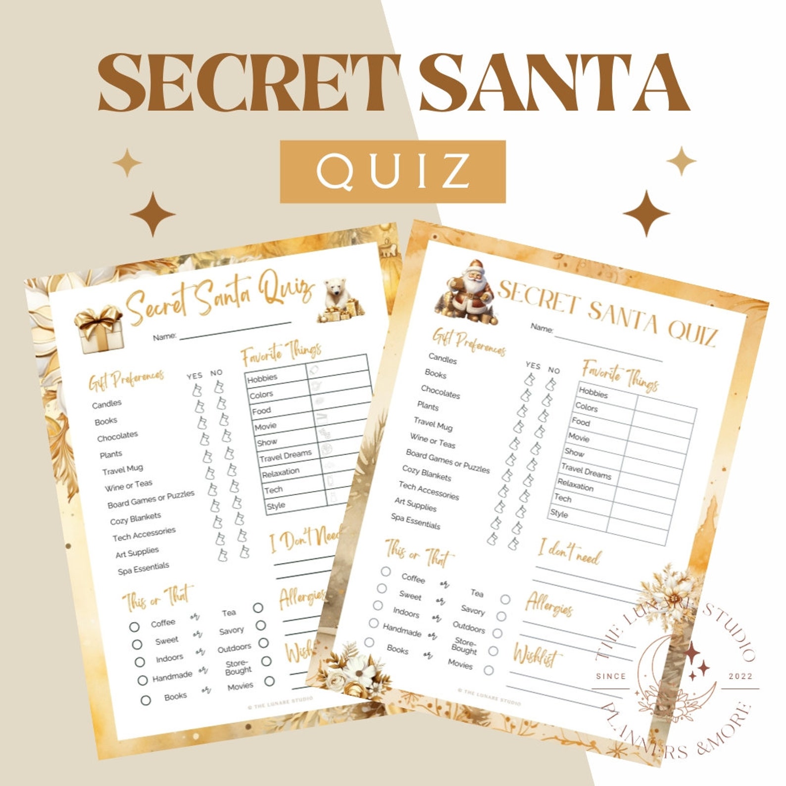 Secret Santa Questionnaire Quiz Gold Christmas Theme Glam Christmas ...