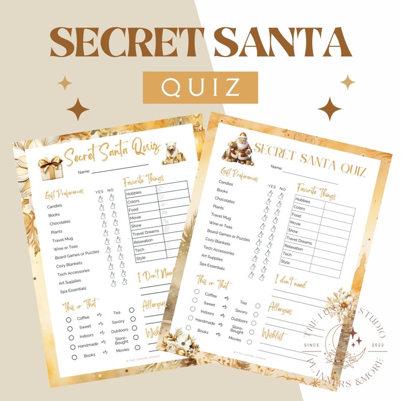 Secret Santa Questionnaire Quiz Gold Christmas Theme Glam Christmas ...