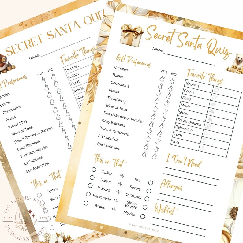 Secret Santa Questionnaire Quiz Gold Christmas Theme Glam Christmas ...