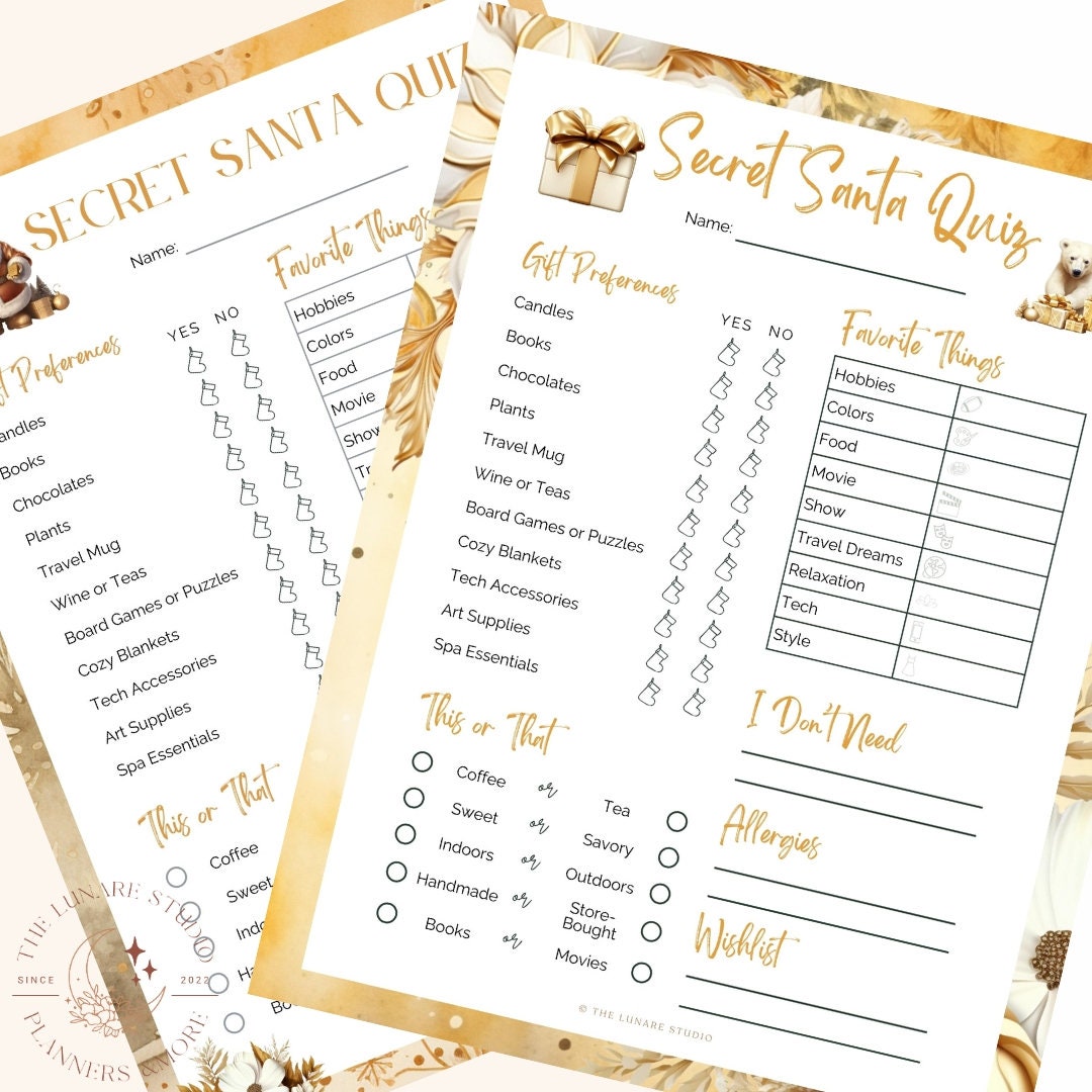 Secret Santa Questionnaire Quiz Gold Christmas Theme Glam Christmas ...