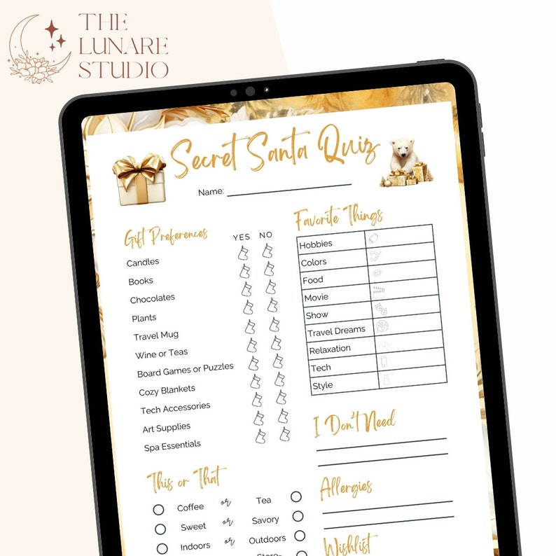 Secret Santa Questionnaire Quiz Gold Christmas Theme Glam Christmas ...
