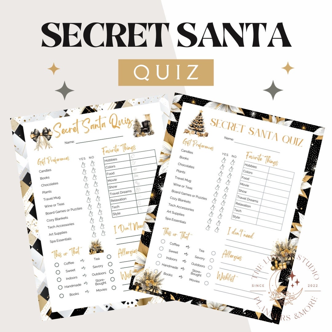 Secret Santa Questionnaire Quiz Black and Gold Christmas Theme Glam ...