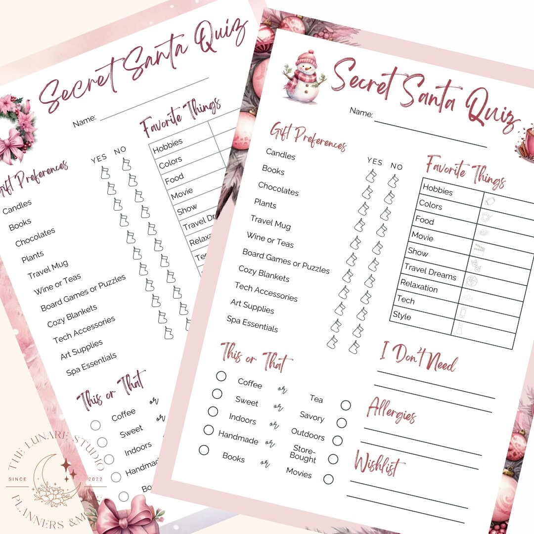 Secret Santa Questionnaire Quiz Pink Christmas Theme Glam Christmas ...