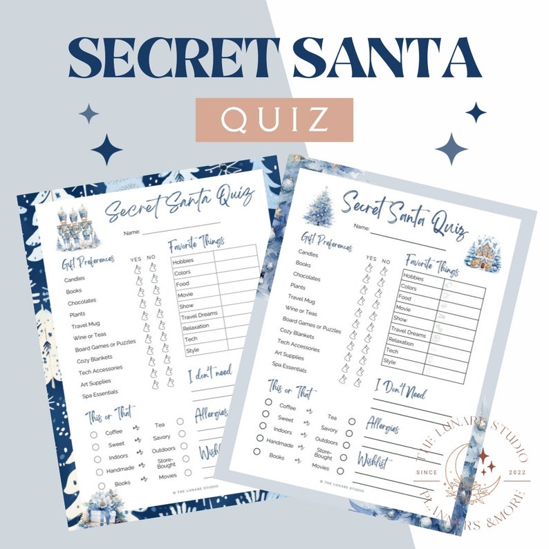 Secret Santa Questionnaire Quiz Blue Christmas Theme Glam Christmas ...