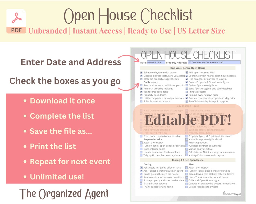 Open House Checklist for Real Estate Agents - Print PDF - Editable PDF ...