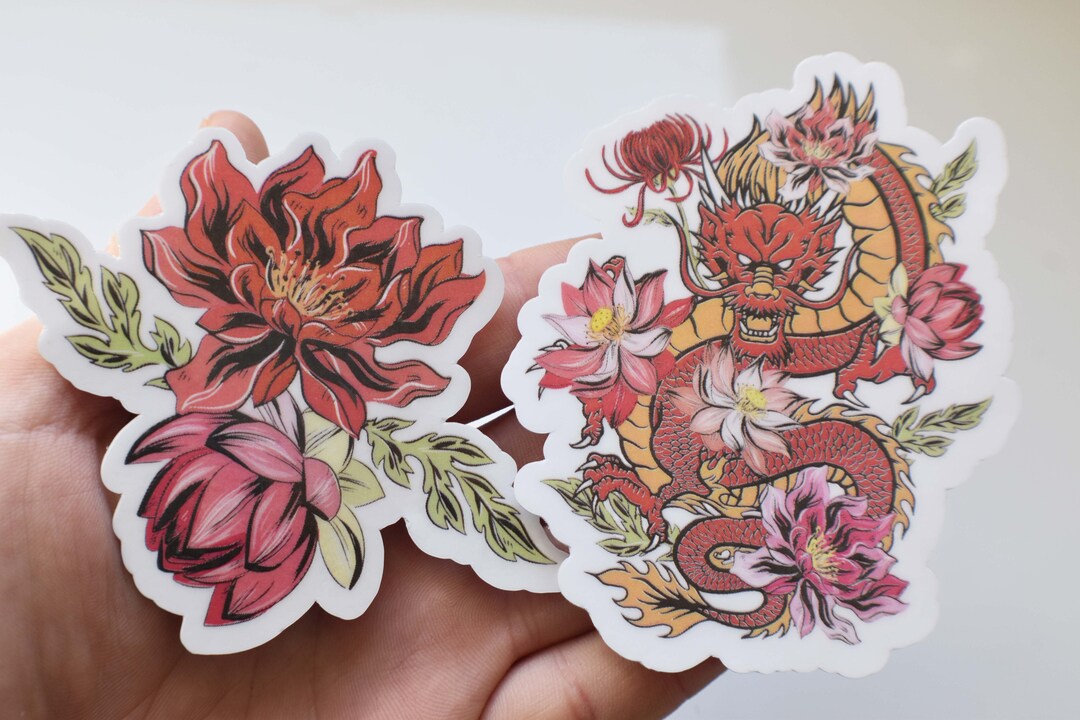 Japanese Dragon Floral Sticker Pack of 2 Die Cut Laminated Vinyl Water ...