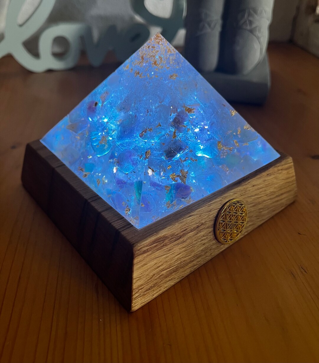 Orgonite Pyramid Clarity illuminated With Stand Made of Oak Wood ...