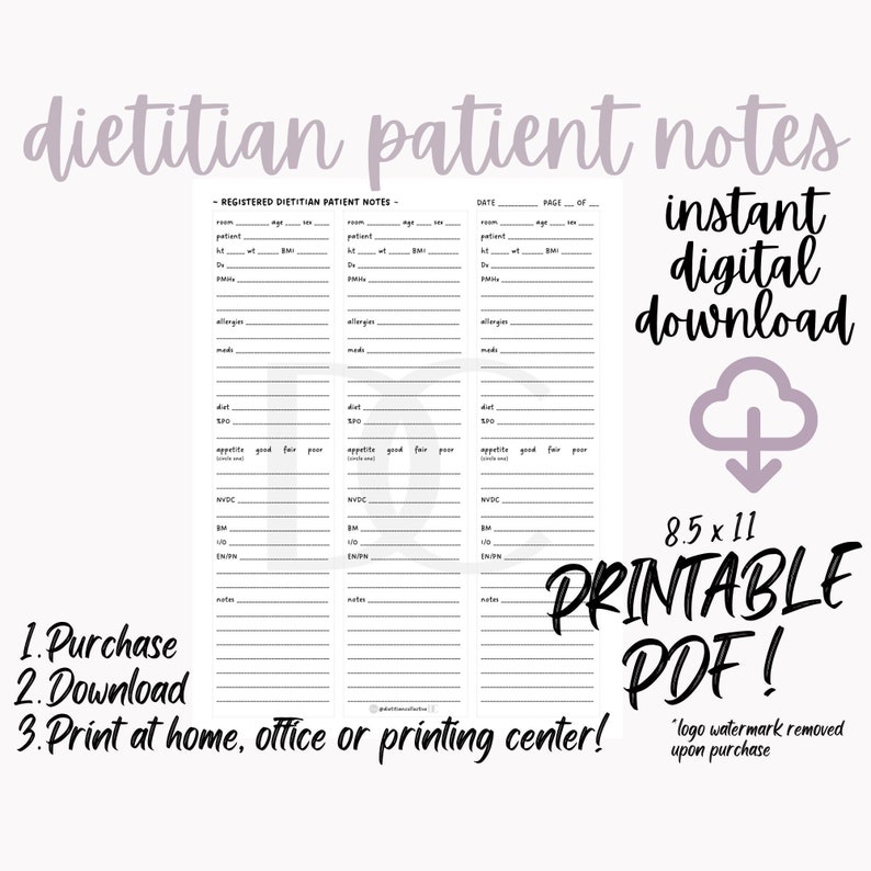 Dietitian Patient Notes Template Vertical B&W digital Download - Etsy