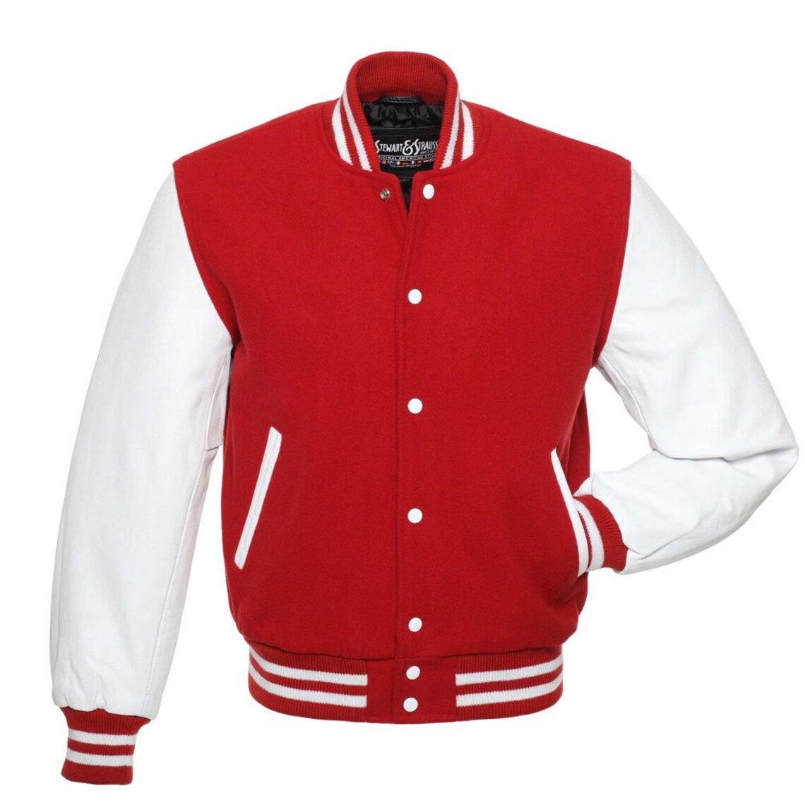 Red Wool / White Cowhide Leather Men's Varsity Jacket Letterman ...