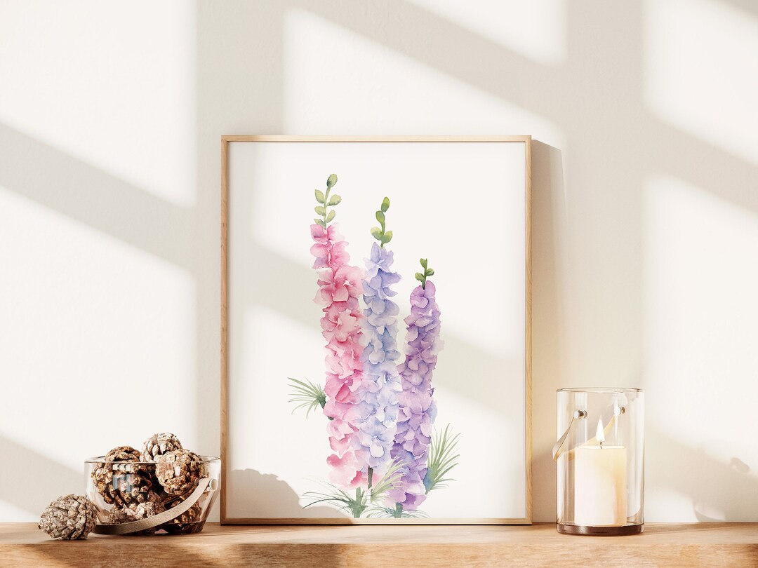 Larkspur Wall Art Print, July Birth Month Flower, Botanical Watercolor ...