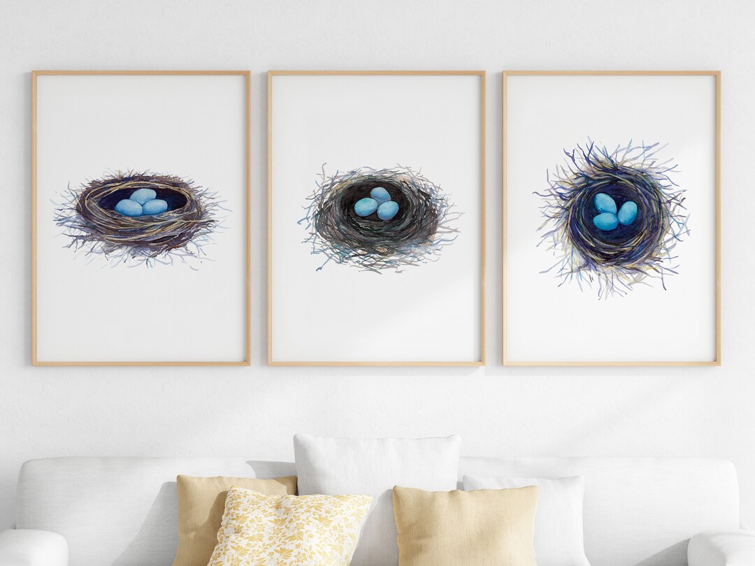 Bird Nest Print Set, 3 Piece Wall Art, Printable Watercolor Birds Nest ...
