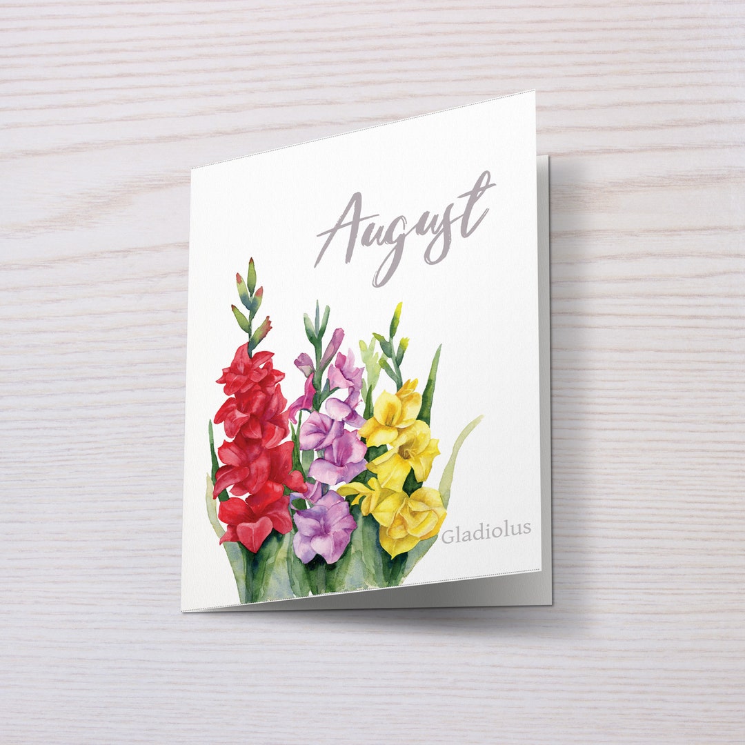 August Birthday Card, Birth Month Flower Greeting Card, Gladiolus ...