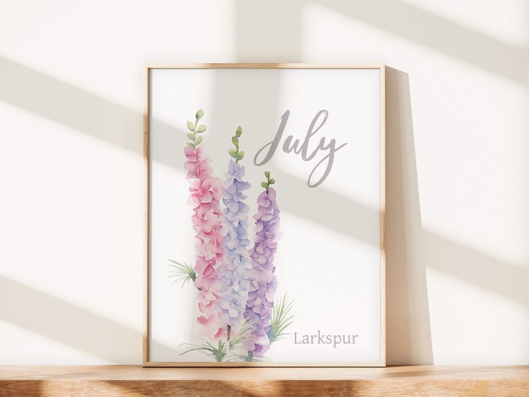 July Birth Flower, Larkspur Wall Art Printable, Botanical Watercolor ...