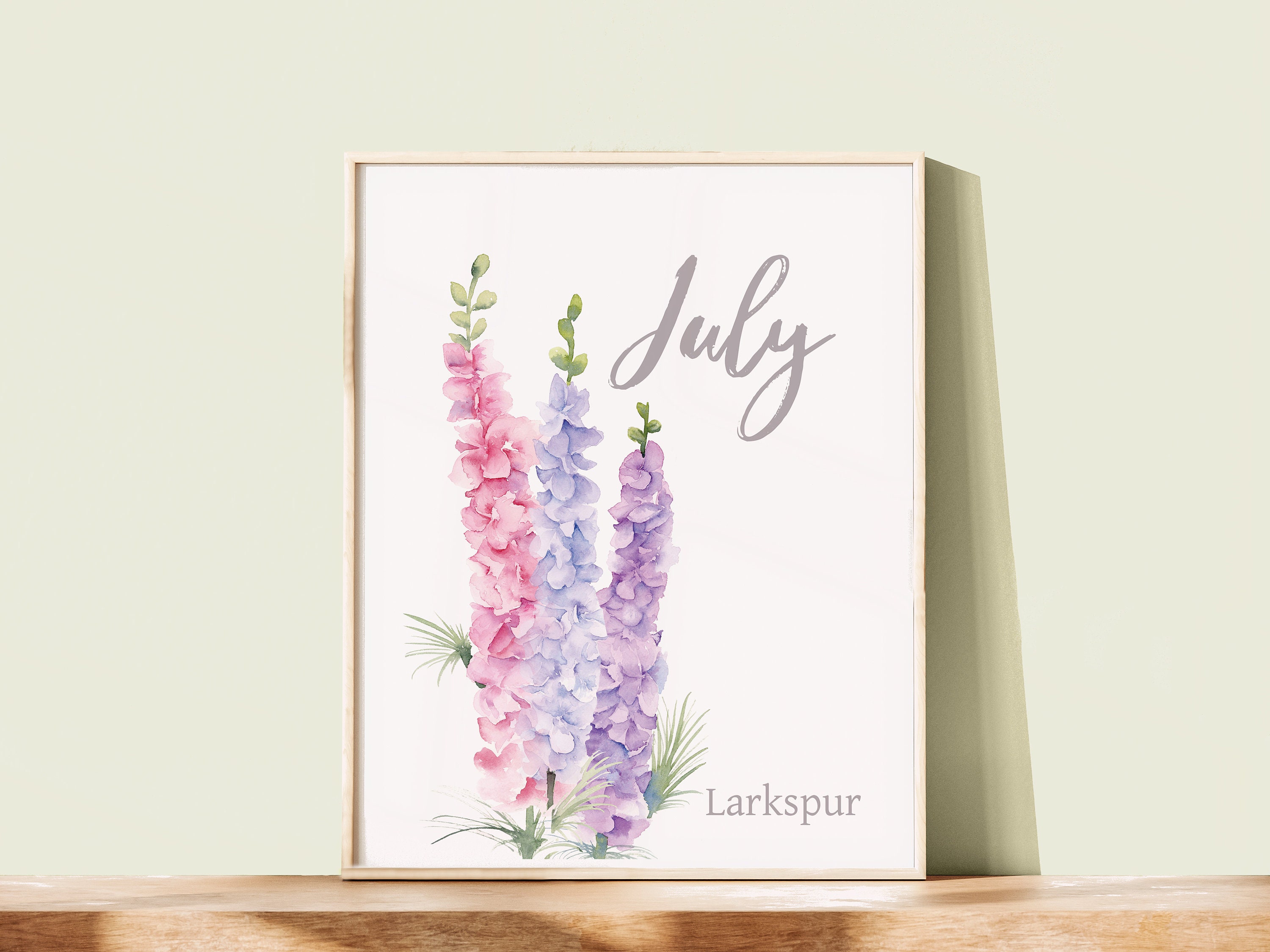 July Birth Flower, Larkspur Wall Art Printable, Botanical Watercolor ...