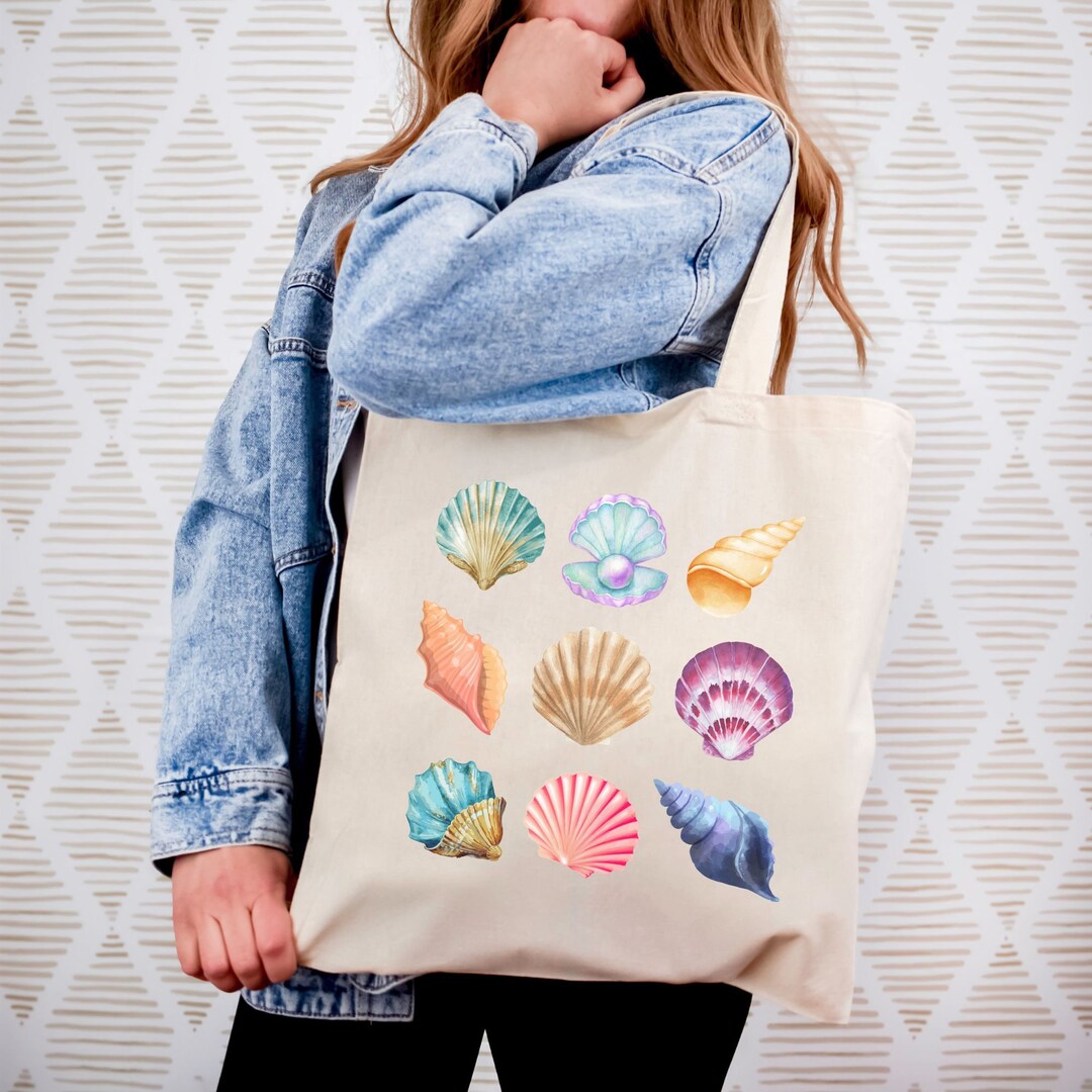 Seashell Canvas Tote Bag Beach Lover Reusable Shopping Bag Summer Beach ...