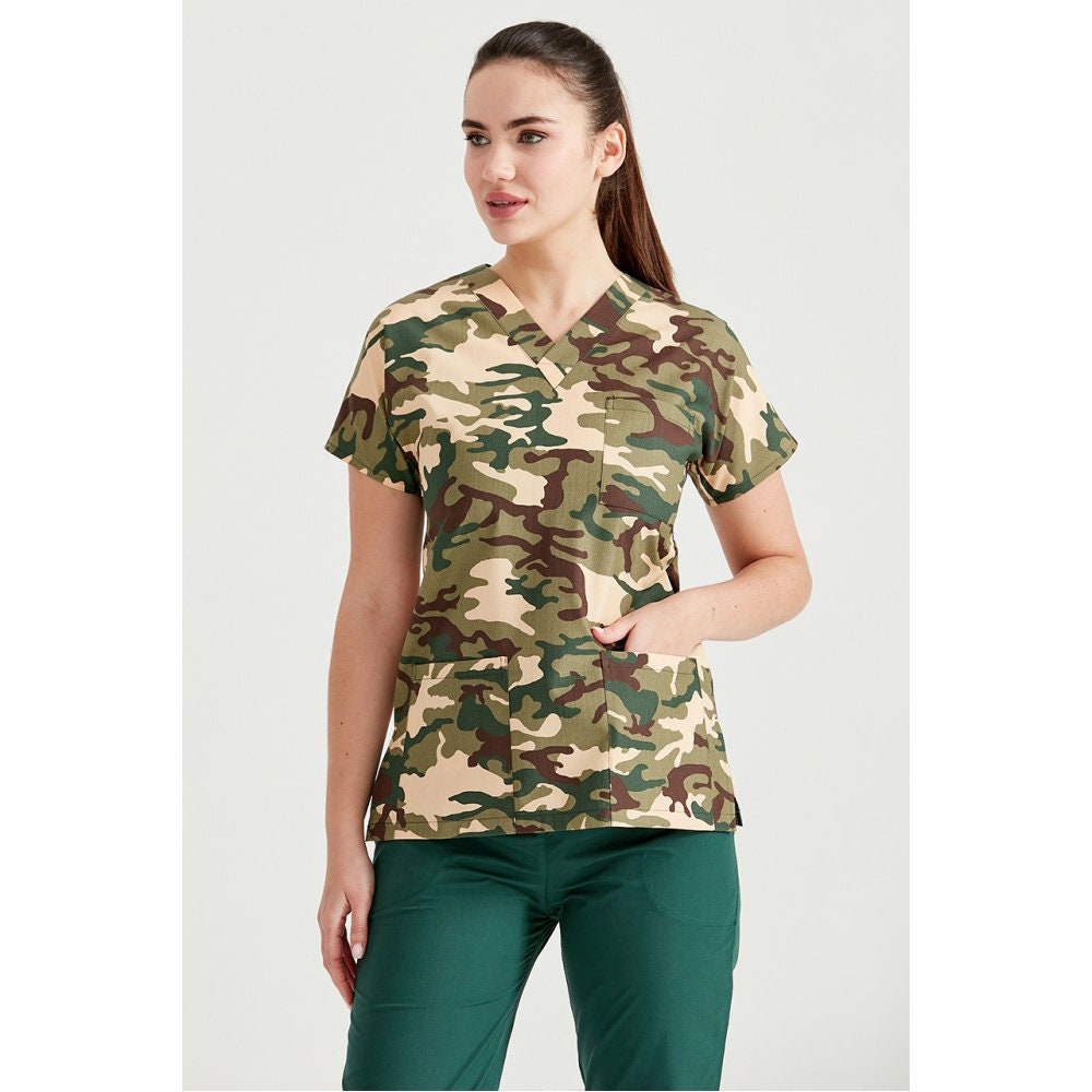 Unisex Camouflage Patterned Dental Scrub Top Only, V Neck Nurse Scrub ...
