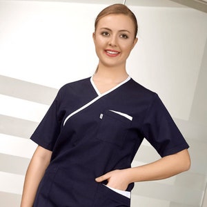 Navy Blue Crossover Collar Scrub Set, Medical Nurse Scrub, Women's ...