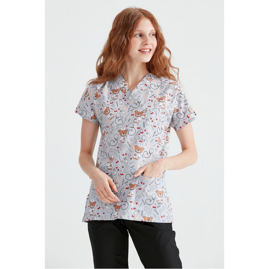 Unisex Teddy Bear Patterned Scrub Top Only, V Neck Nurse Scrub Top ...