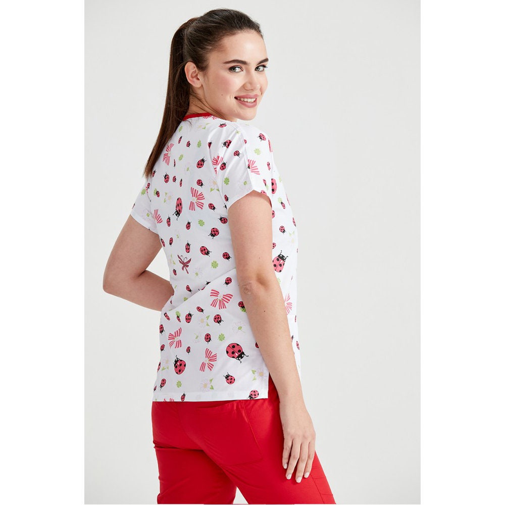 Unisex Ladybug Patterned Dental Scrub Top Only, V Neck Nurse Scrub Top ...