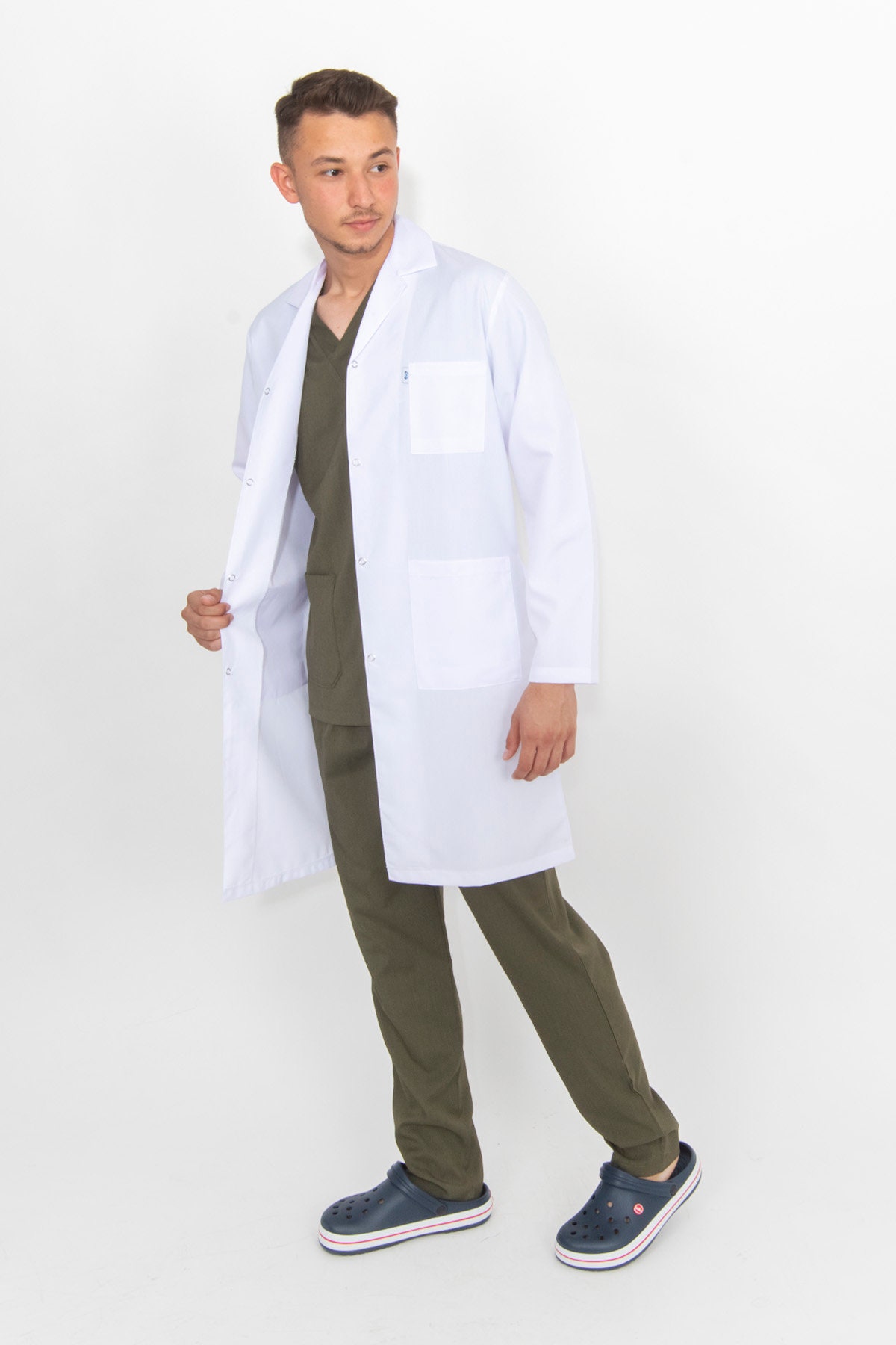 Men's Long Sleeves Medical White Lab Coat, Doctor Dentist Surgeon ...