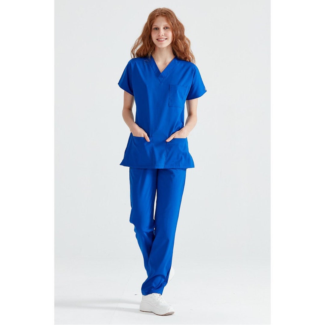 Sax Blue Color Scrub Set, V Neck Nurse Scrub, Medical Scrub, Women's ...