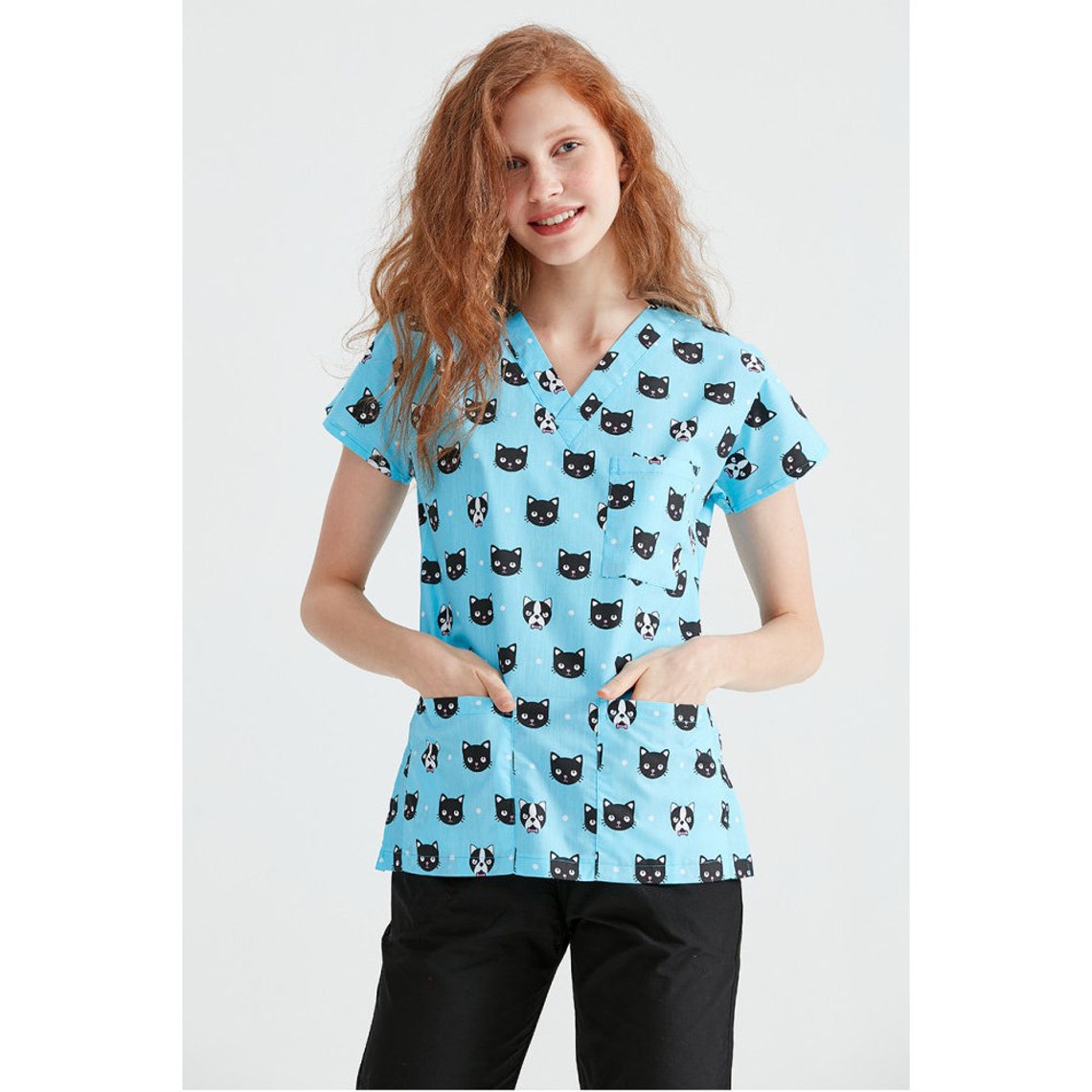 Unisex Cat Patterned Scrub Top Only, V Neck Nurse Scrub Top, Medical ...