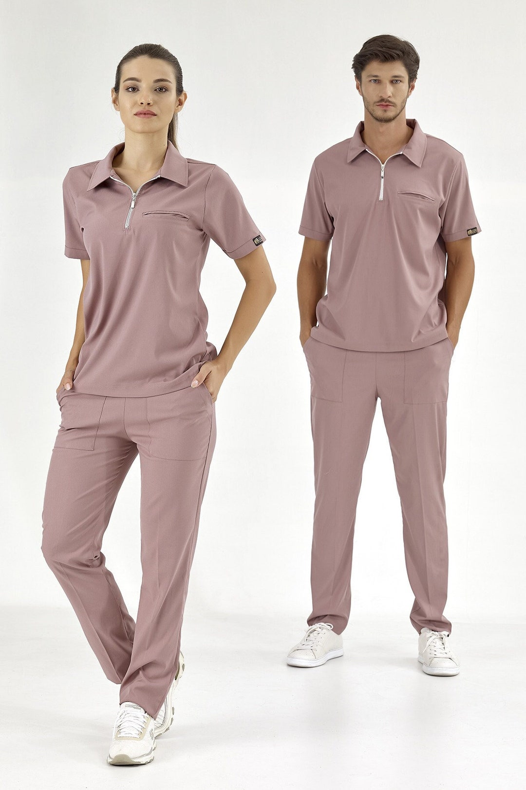 Experience Ultimate Comfort: Powder Pink Polo Unisex Medical Scrub Set ...