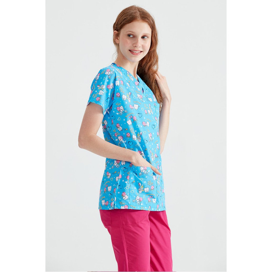 Unisex Tooth Patterned Scrub Top Only, V Neck Nurse Scrub Top, Medical ...