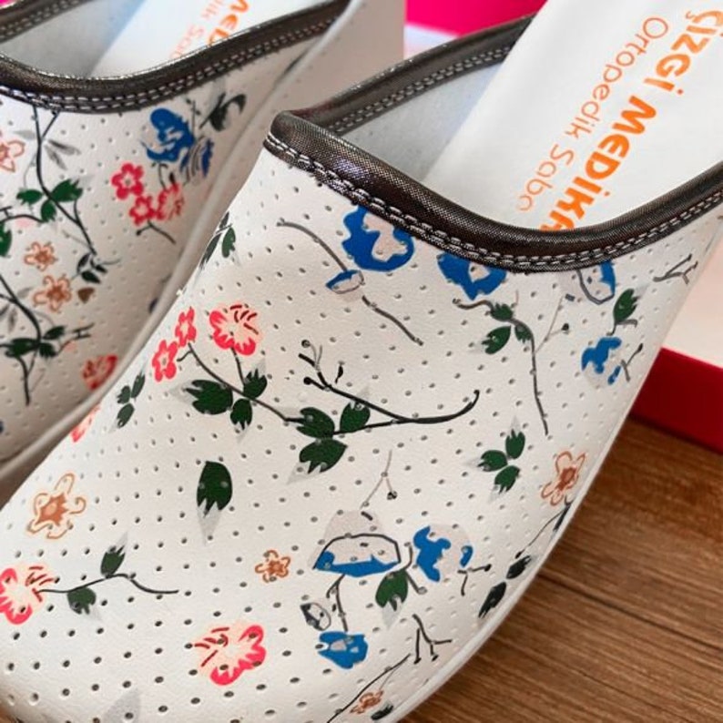 Women's High Hill White Navy Blue Red Flower Patterned Orthopedic ...