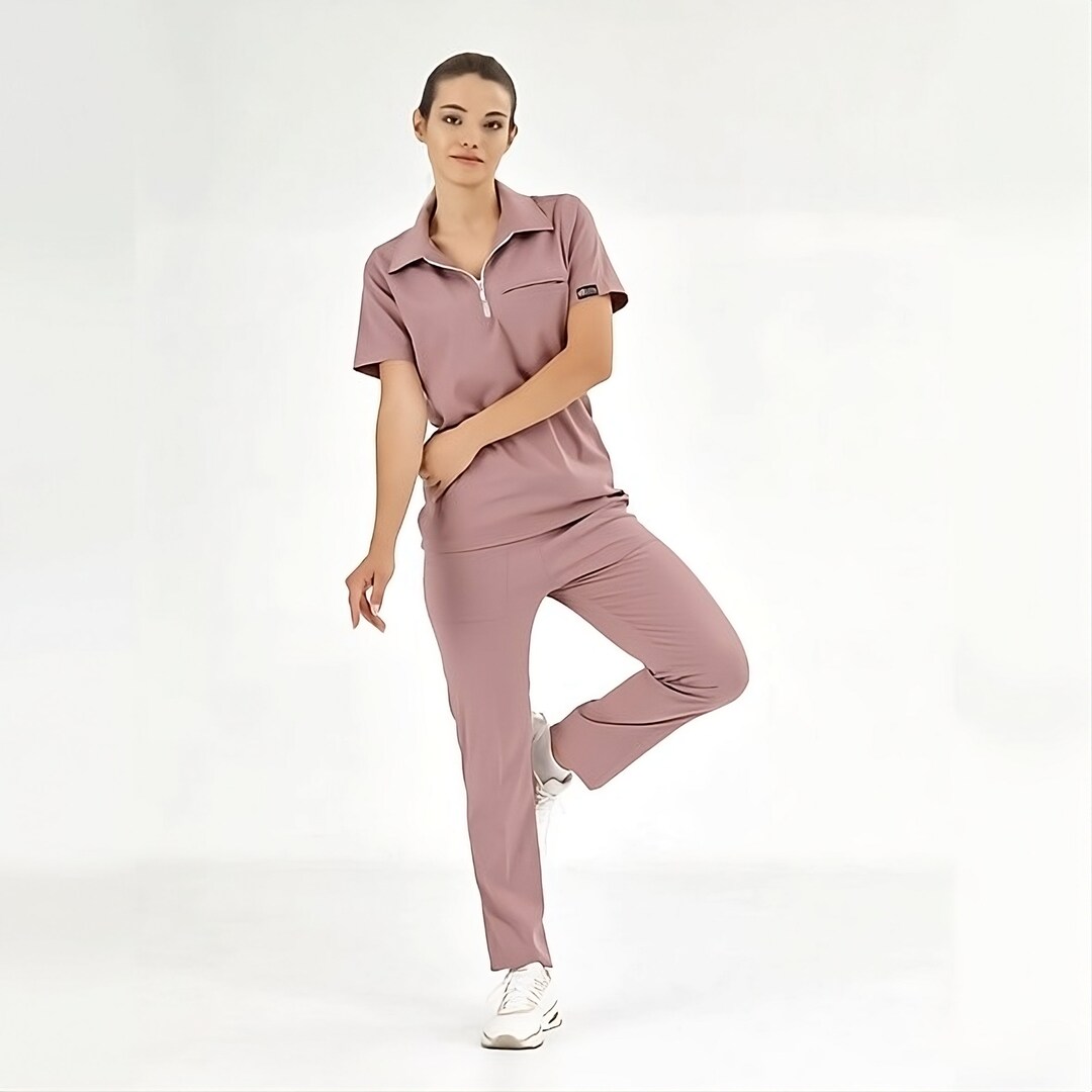 Experience Ultimate Comfort: Powder Pink Retro Medical Scrub Set for ...